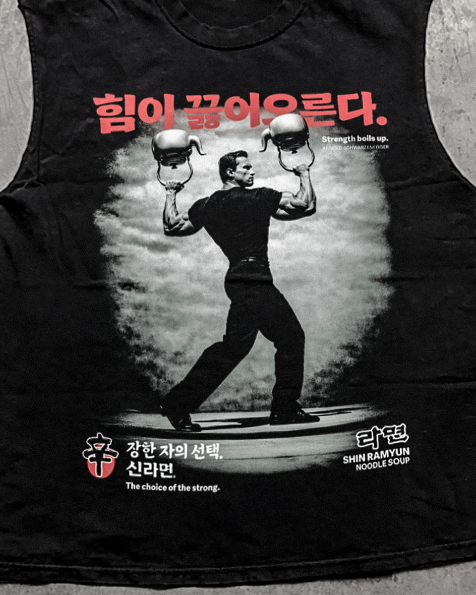 Arnold x Shin Ramyun 'Strength Boils Up' Heavy Faded Black Cut-Off Tee ...